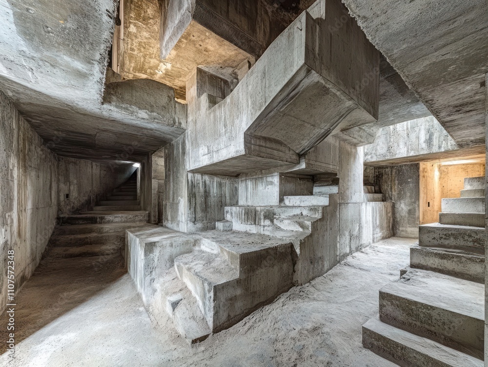 Brutalist underground bunkers with robust, concrete structures designed ...