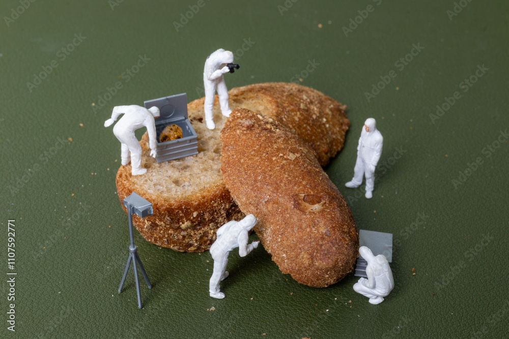 Miniature figurines dressed as forensic investigators examining bread ...