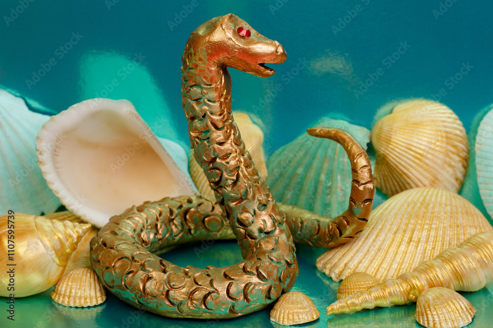 Plakát A figurine of a wooden green snake among shells, as a symbol of ...