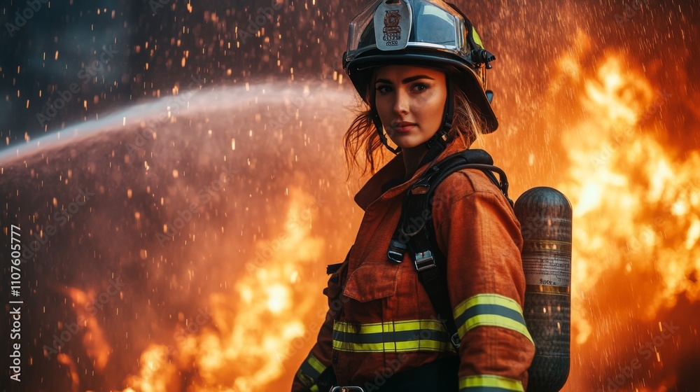 A firefighter stands confidently in front of a massive fire, wearing ...