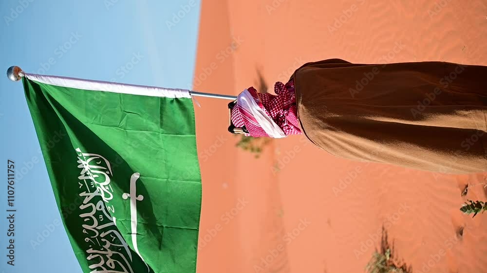 Amidst the golden desert, a Saudi man in traditional attire waves the ...