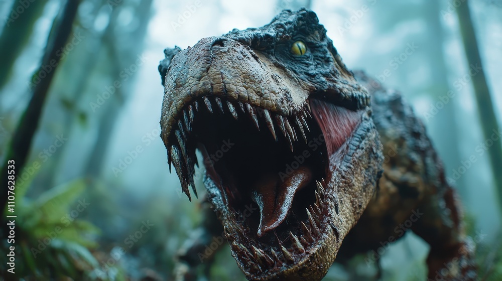 Poster An alarming dinosaur lets out a terrifying scream within a dense ...