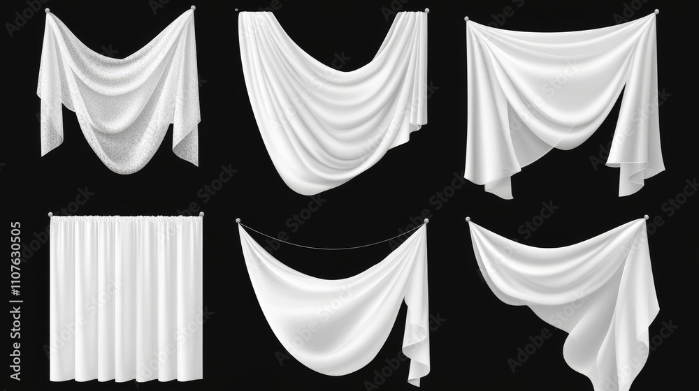 Isolated set of authentic white curtains on a transparent background. A modern illustration ...