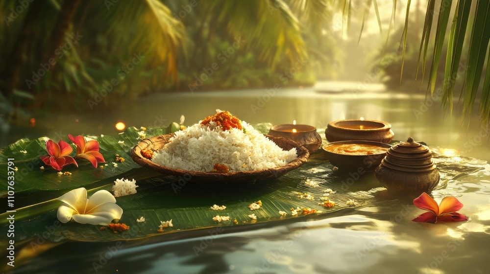 Onam sadhya, a South Indian vegetarian feast served on banana leaves ...