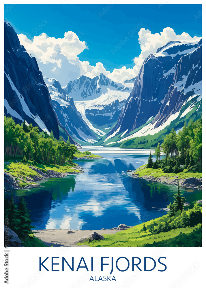 Kenai Fjords Alaska Poster Illustration Travel Print Decor Gift Paper ...