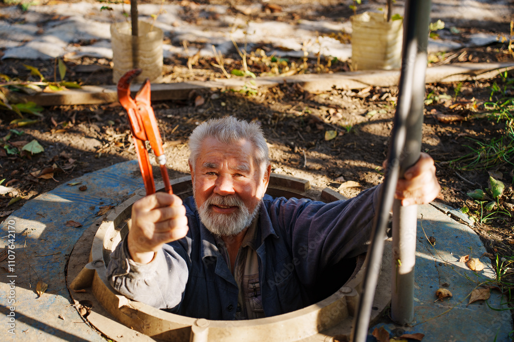 An elderly man with an adjustable wrench in the manhole of a water well ...