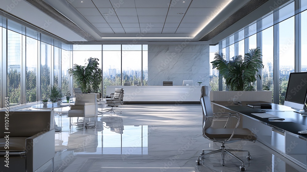Visualization of a secretary with modern office environment, organized ...
