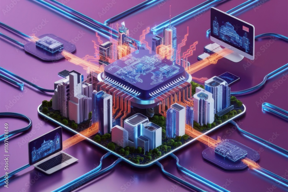Smart city concept. AI controls Futuristic Smart city. Isometric ...