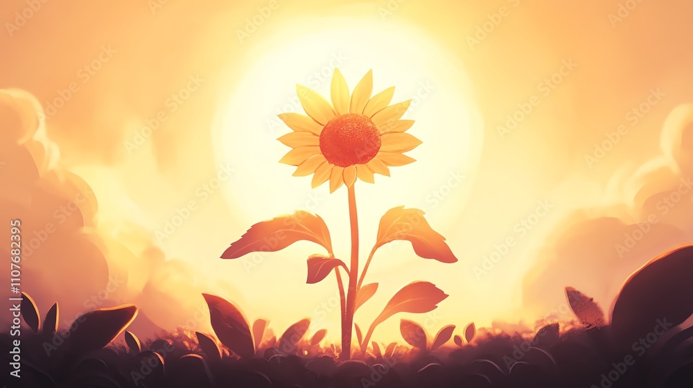 a 2D cartoon illustration of a sunflower facing the sun, tall and ...