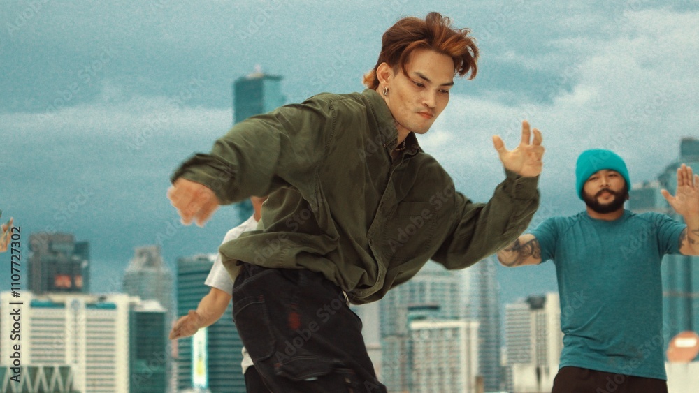 Professional asian break dancer practice B boy dance while ...