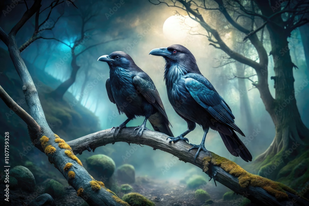 Enigmatic low-light imagery captures the mystical ravens of Odin amidst ...