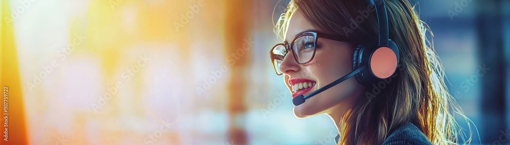 Smiling female customer service representative with a headset providing ...