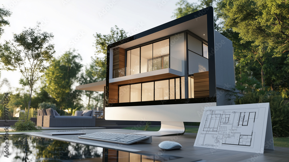 A professional workspace with a desktop computer showing a fully ...