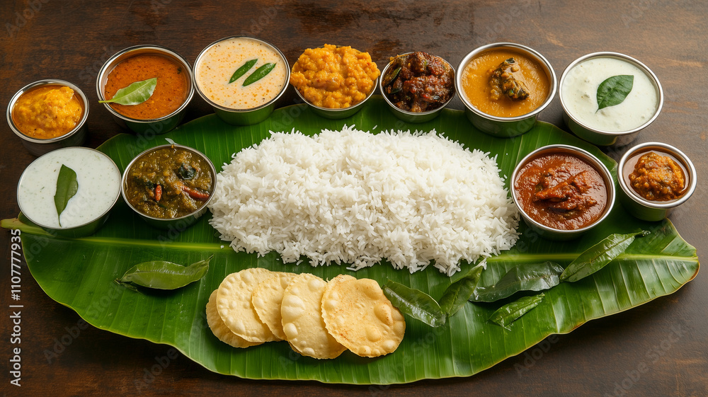 A traditional South Indian meal spread on a large banana leaf ...
