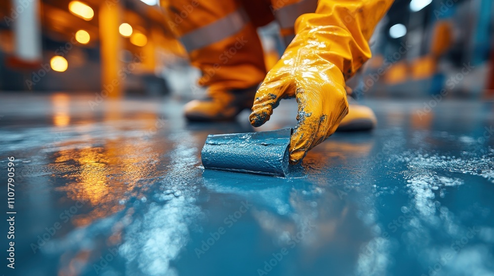 a skilled builder is applying a fresh coat of epoxy cast coating or ...