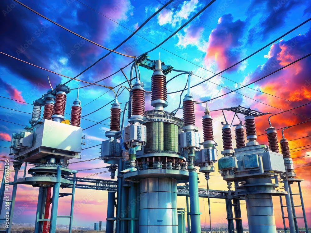 High-voltage transformer substation gleaming under a bright blue sky ...