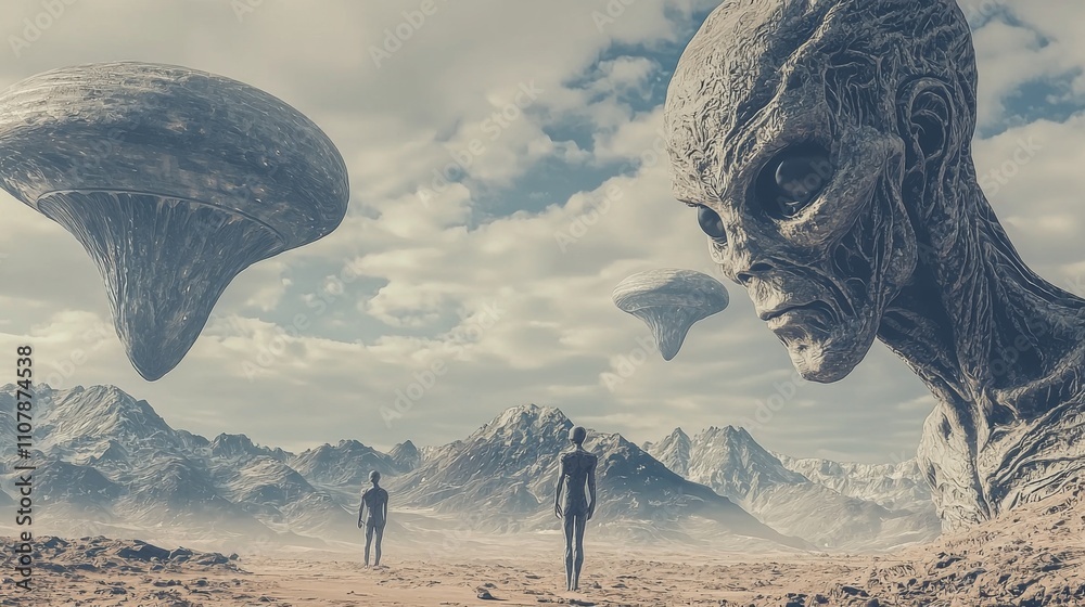 Fictional scene showing extraterrestrial beings and UFOs set within an ...