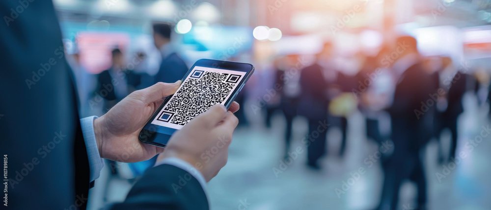 professional man holding smartphone displaying QR code in busy event ...