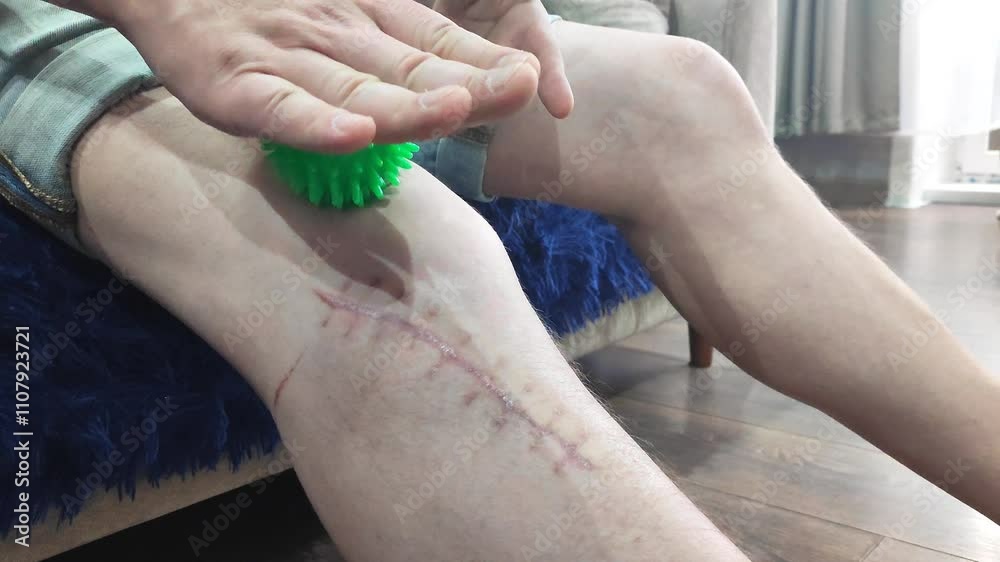 Scars after knee surgery, leg fracture requiring surgery and metal ...