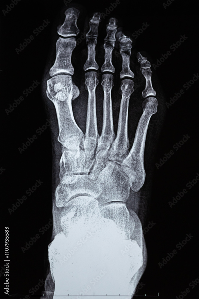 Vertical X-ray of foot fingers. Radiography foot bones. Metatarsal ...