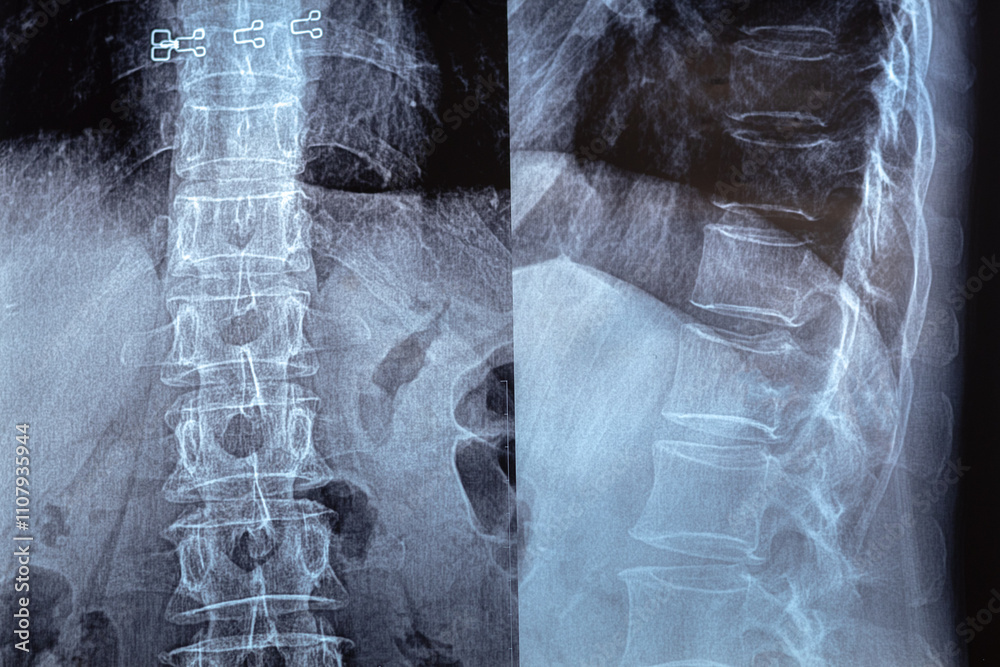 Lumbar spine X-Ray with scoliosis. Digital radiography of a male lumbar ...