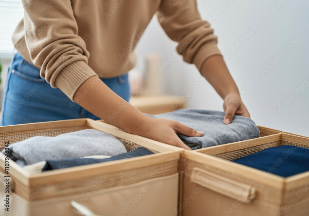 Photo & Art Print Woman folding clothes and organizing them in wooden ...