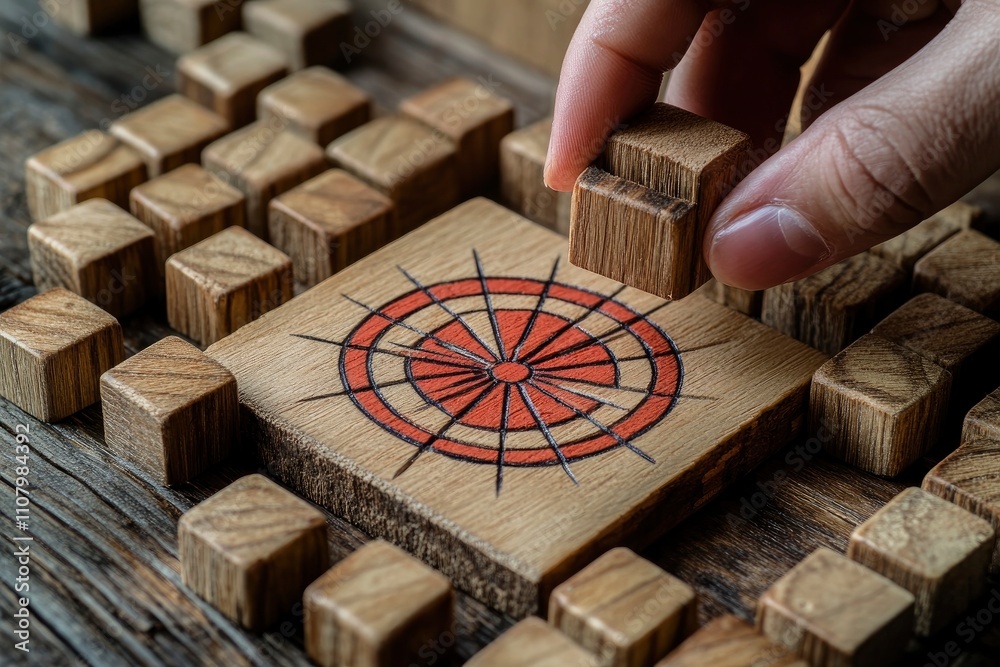 Arrow leading point to target icon on wooden blocks with businessman ...
