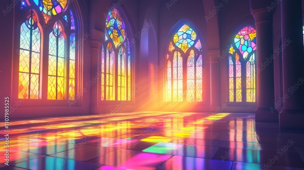 Sunlit cathedral interior with stained glass windows casting colorful light on the floor. Stock ...