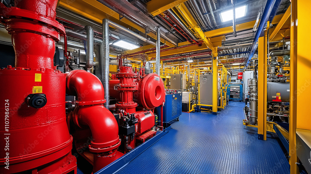 Industrial chiller plant room showcasing equipment, cables, and piping ...