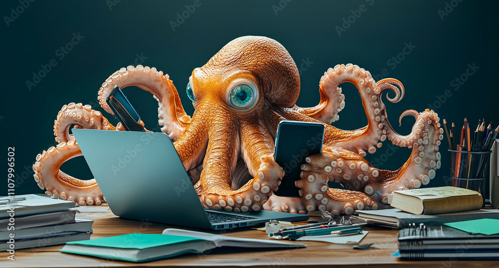 Octopus engaged in office work at a modern desk filled with papers and ...