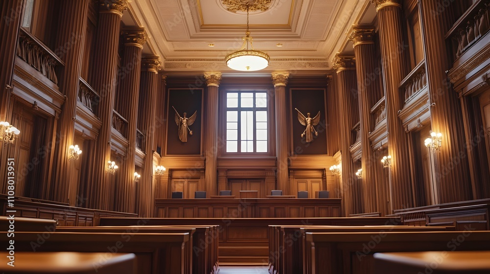 Grand courtroom interior with wooden paneling, columns, and judge's ...