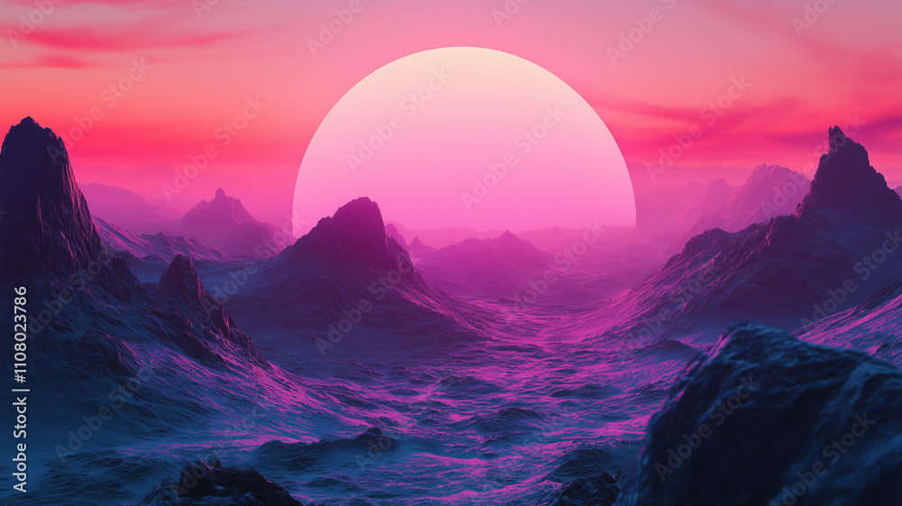 Pink sunset alien planet fantasy landscape space background. Sci-fi ...