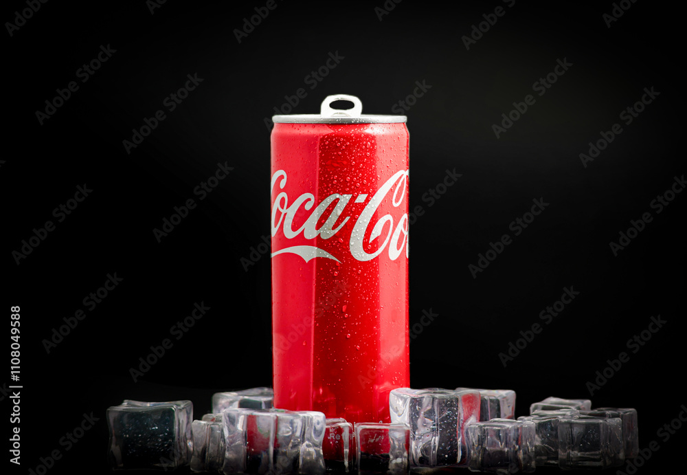 Cold drink Coca Cola original classic sugar canned drink, side angle ...