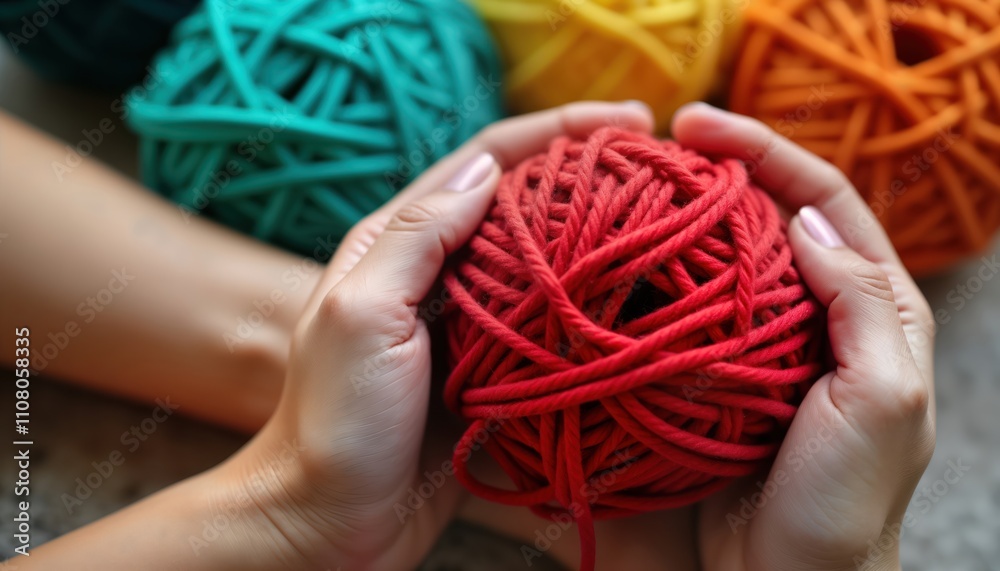 Person holds ball of bright red yarn. Hands gently cradle yarn ...