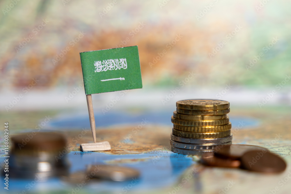 saudi arabia flag with stacked coins on map background, representing ...