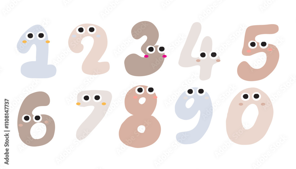 Childish numbers with eyes set in pastel color palette. Childrens ...
