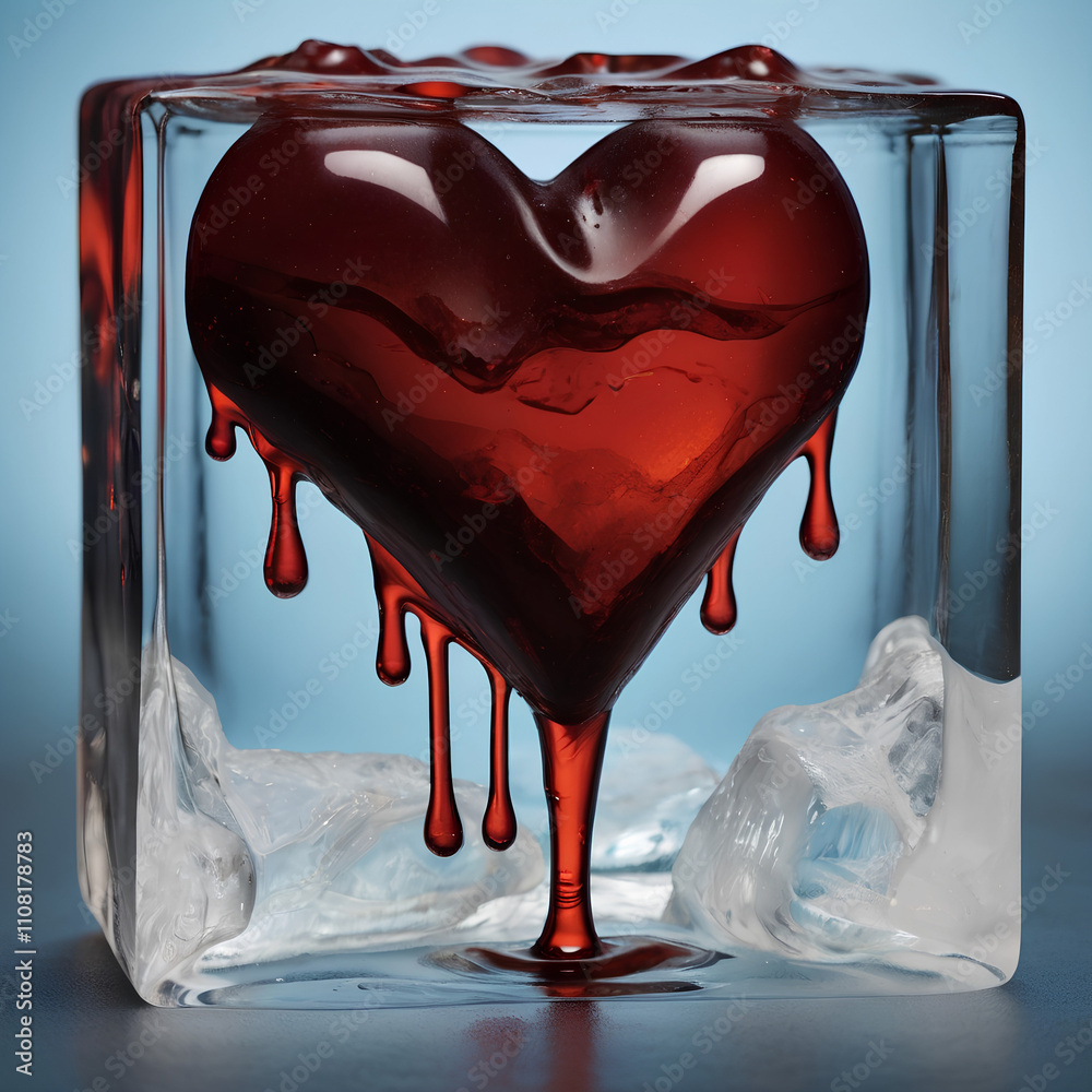3D model Red beautiful heart crying drops enclosed inside an ice cube ...