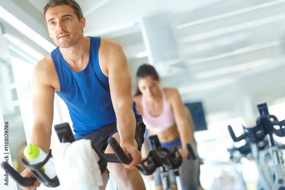 Gym, couple and man with cycling for workout, intense fitness and ...