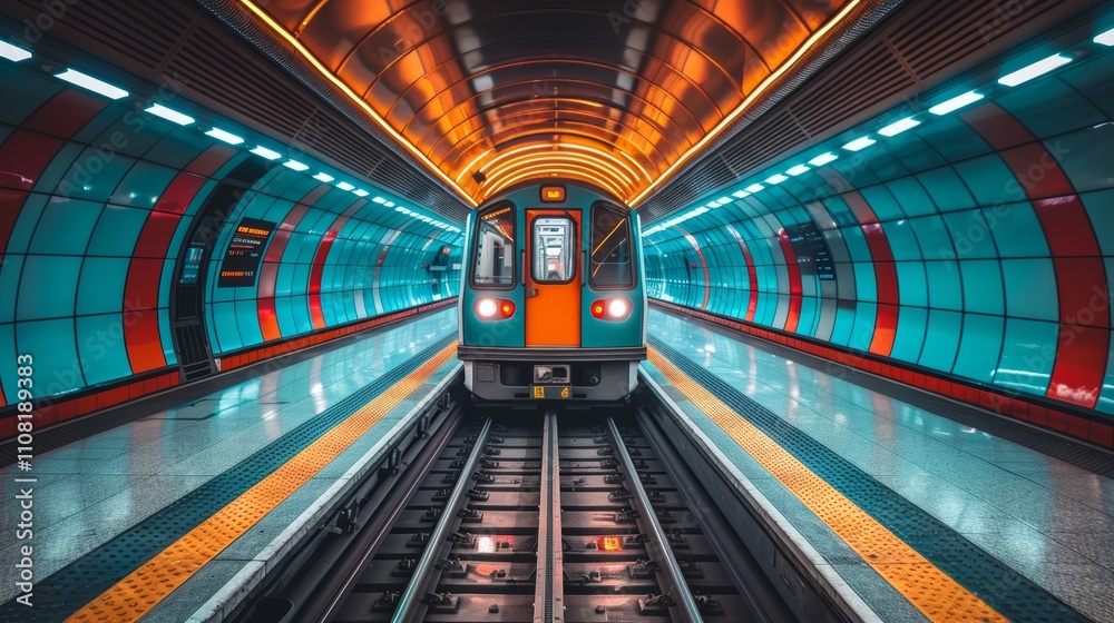 Metro line underground tunnel with a moving train in a dynamic urban ...
