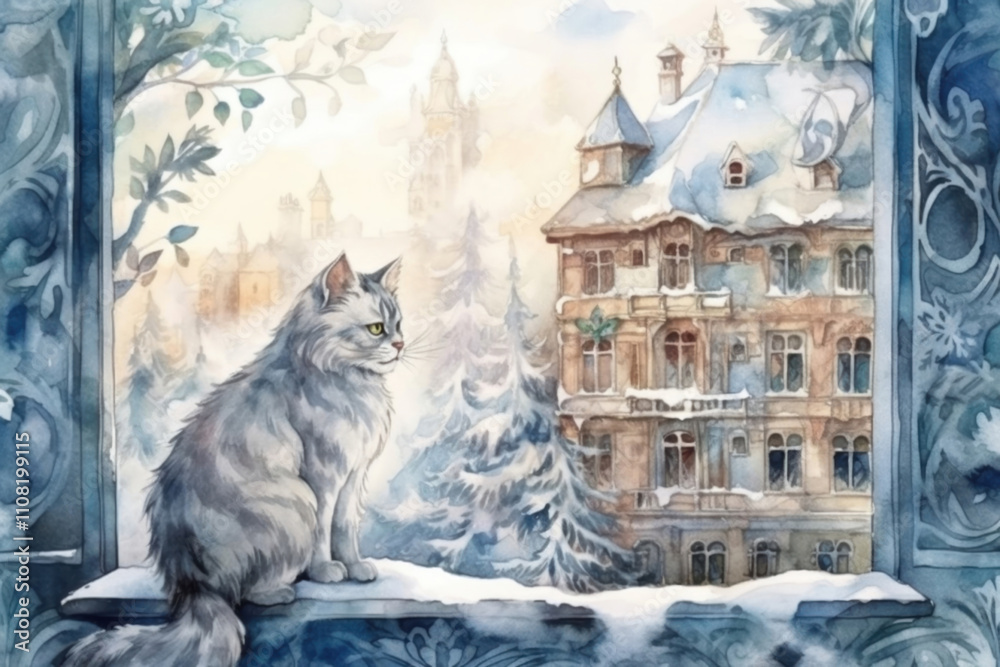 Photo & Art Print cat on the background at the city at night, winter ...