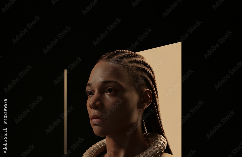 Mysterious Gaze: A fashion portrait of a woman with cornrows, wearing a ...
