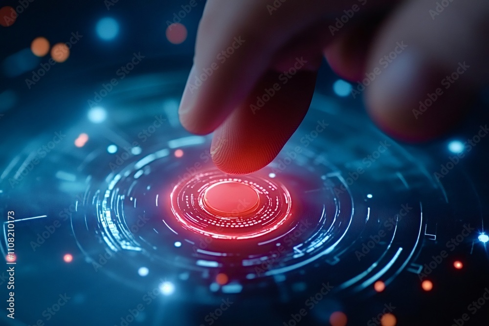 Finger activating digital button, launching futuristic interface with ...