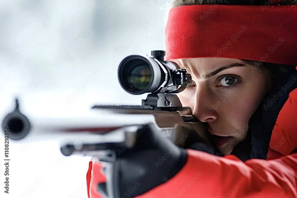 Professional biathlete wearing red aiming down the sight of a rifle ...