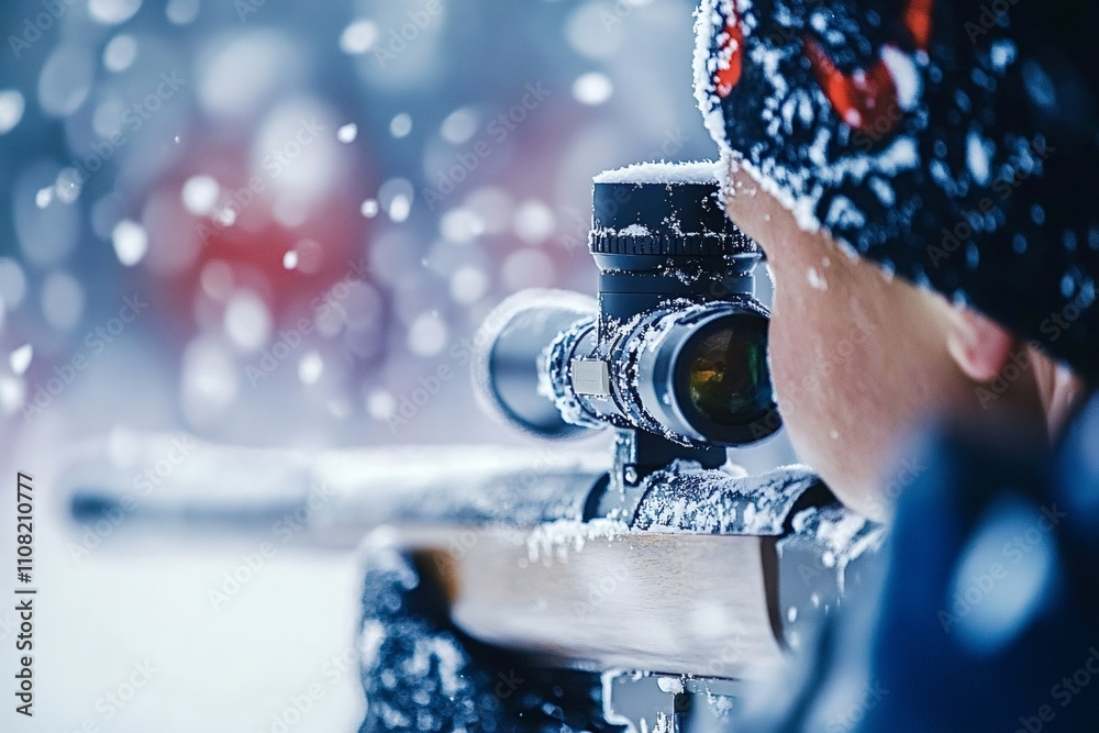 Hunter aims through a rifle scope in a snowy forest, capturing the ...