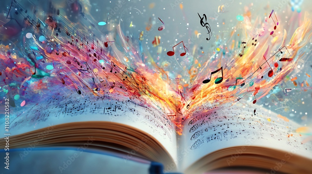 Open book with musical notes flying out, creating a symphony of color ...