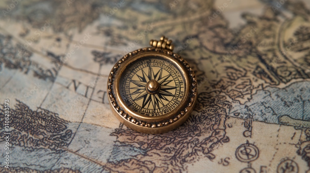 Vintage Compass on Antique Map Finding Directions and Adventure Stock ...