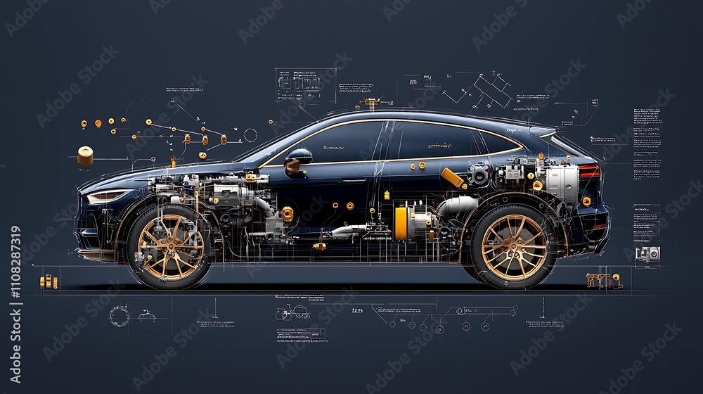 Multi-view blueprint of a modern hybrid vehicle with exploded details ...