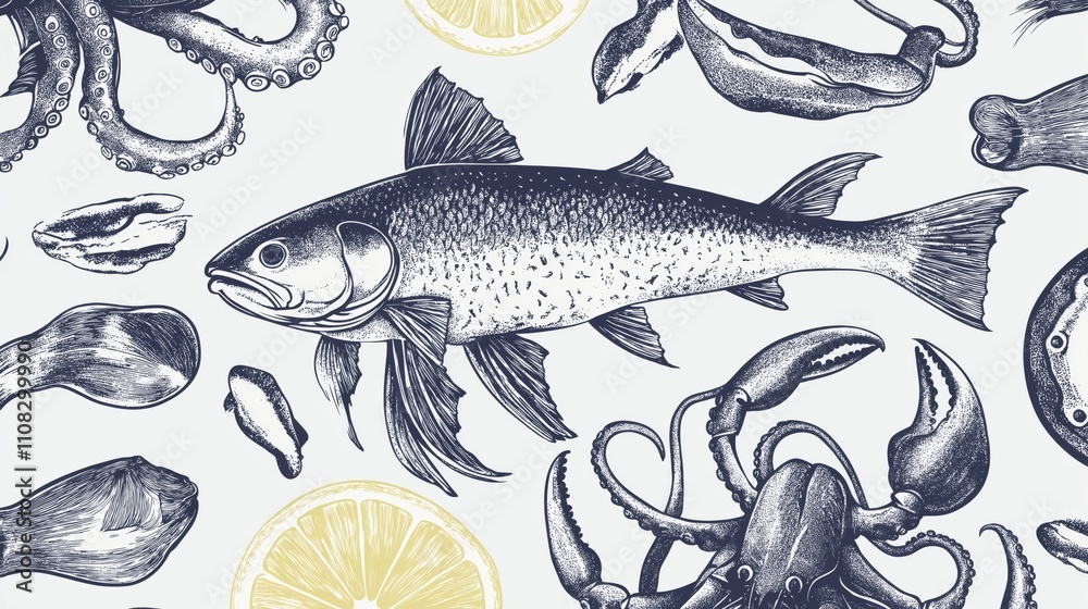 Seamless Monochrome Seafood Pattern with Fish and Shellfish. A hand ...