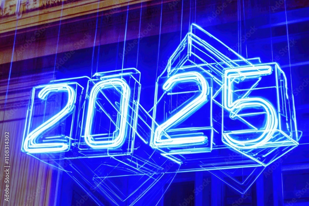 Neon light display marking the year 2025 in a modern urban setting ...
