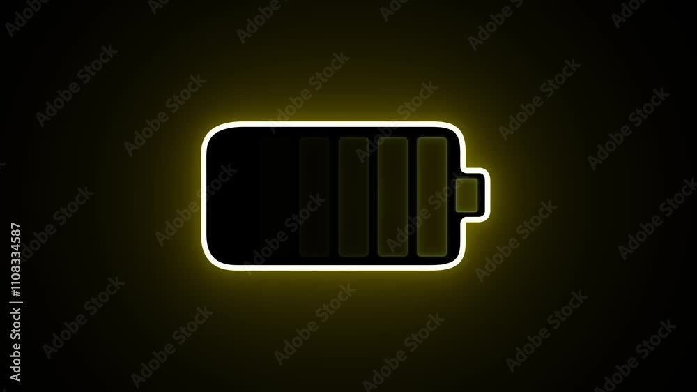 Bright yellow neon glowing battery fast charging icon animation. Shiny ...